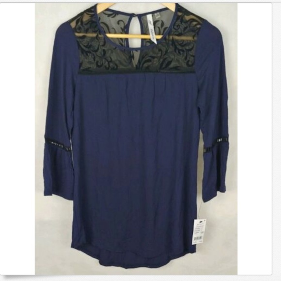 NY Collection | Tops | New Ny Collection Blouse With Mesh Trim Blue ...